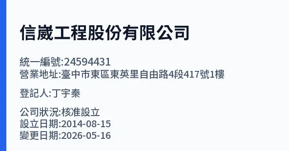 信崴工程股份有限公司的照片-統編 24594431(臺中市) 公司登記資料與營業項目詳細圖表