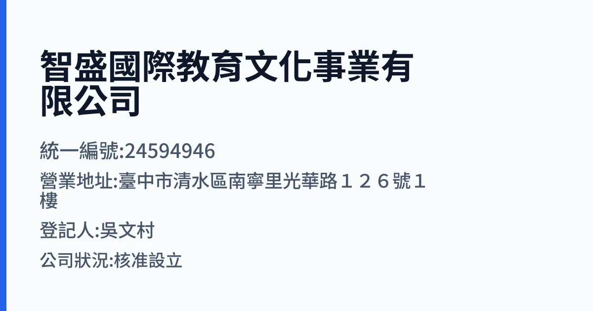 智盛國際教育文化事業有限公司 - 統編 24594946(臺中市) 公司登記資料與營業項目詳細圖表
