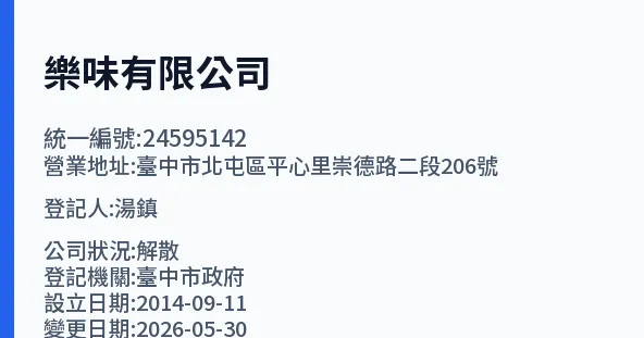 樂味有限公司的照片-統編 24595142(臺中市) 公司登記資料與營業項目詳細圖表
