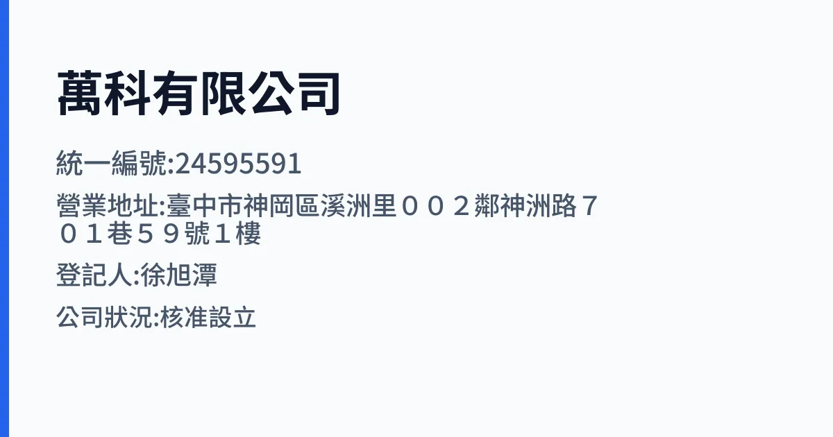 萬科有限公司 - 統編 24595591(臺中市) 公司登記資料與營業項目詳細圖表