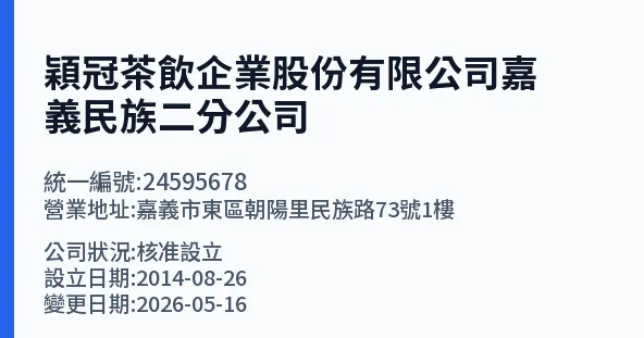 穎冠茶飲企業股份有限公司嘉義民族二分公司的照片-統編 24595678(嘉義市) 公司登記資料與營業項目詳細圖表