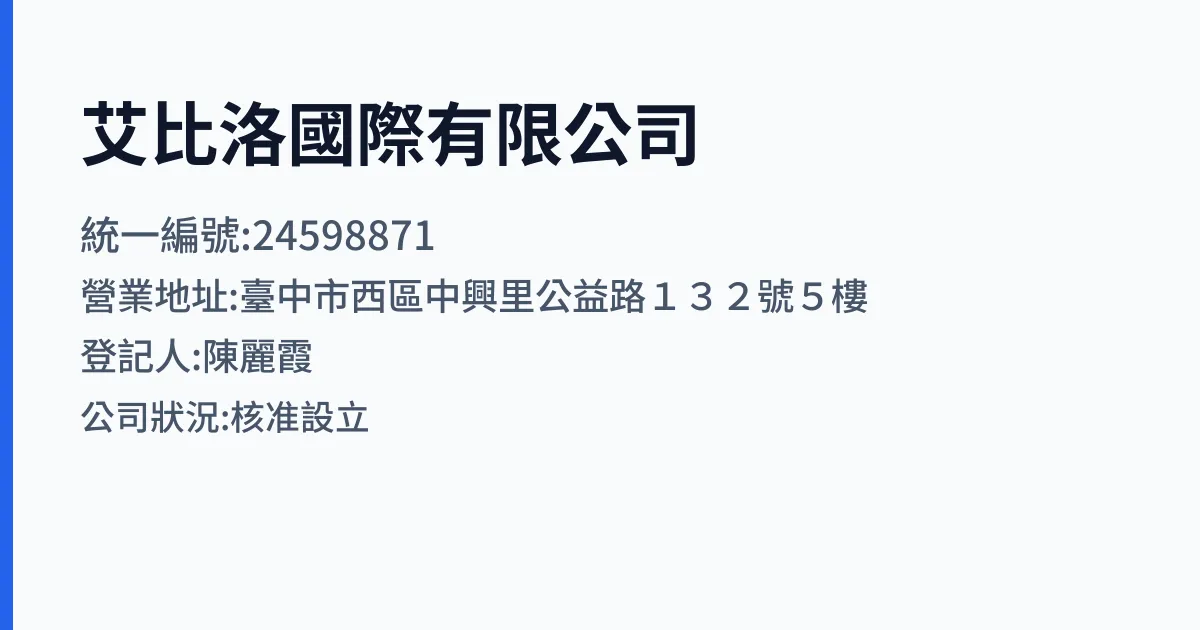 艾比洛國際有限公司 - 統編 24598871(臺中市) 公司登記資料與營業項目詳細圖表