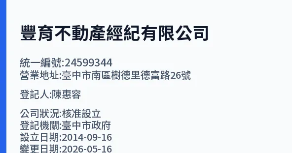 豐育不動產經紀有限公司的照片-統編 24599344(臺中市) 公司登記資料與營業項目詳細圖表