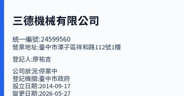 三德機械有限公司的照片-統編 24599560(臺中市) 公司登記資料與營業項目詳細圖表