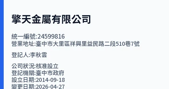 擎天金屬有限公司的照片-統編 24599816(臺中市) 公司登記資料與營業項目詳細圖表