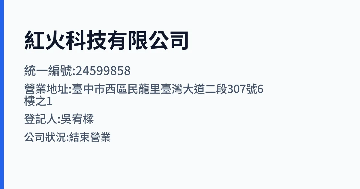 紅火科技有限公司 - 統編 24599858(臺中市) 公司登記資料與營業項目詳細圖表