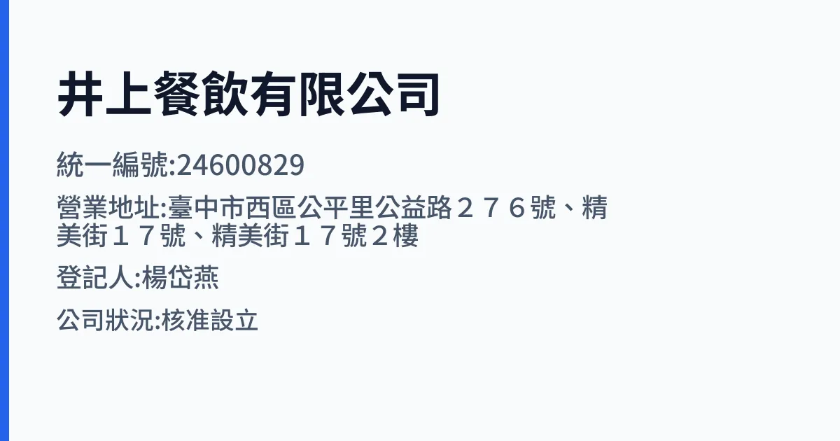 井上餐飲有限公司 - 統編 24600829(臺中市) 公司登記資料與營業項目詳細圖表