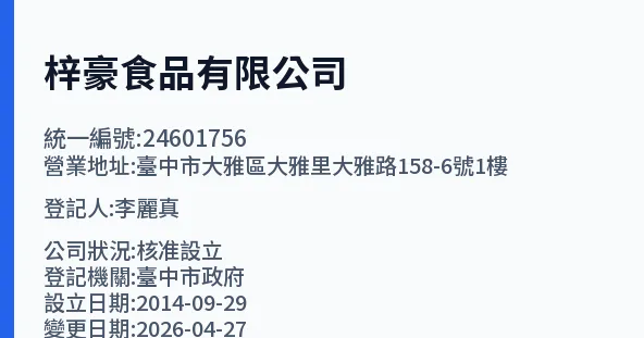 梓豪食品有限公司的照片-統編 24601756(臺中市) 公司登記資料與營業項目詳細圖表