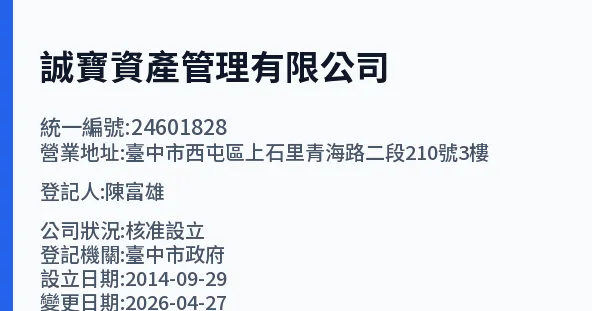 誠寶資產管理有限公司的照片-統編 24601828(臺中市) 公司登記資料與營業項目詳細圖表