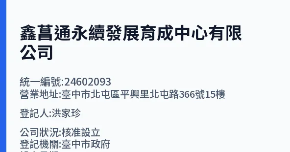 鑫菖通永續發展育成中心有限公司的照片-統編 24602093(臺中市) 公司登記資料與營業項目詳細圖表