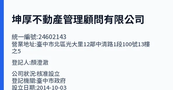 坤厚不動產管理顧問有限公司的照片-統編 24602143(臺中市) 公司登記資料與營業項目詳細圖表