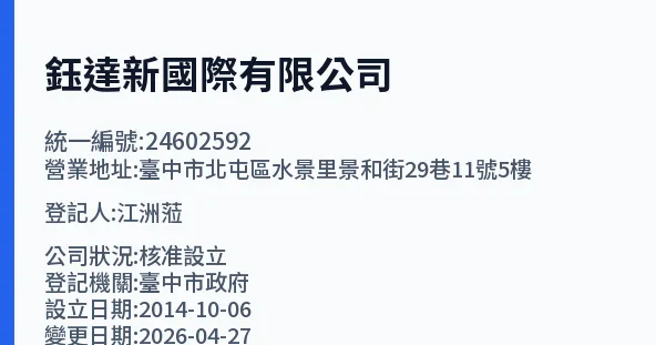 鈺達新國際有限公司的照片-統編 24602592(臺中市) 公司登記資料與營業項目詳細圖表