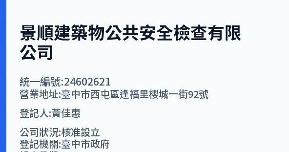 景順建築物公共安全檢查有限公司的照片-統編 24602621(臺中市) 公司登記資料與營業項目詳細圖表