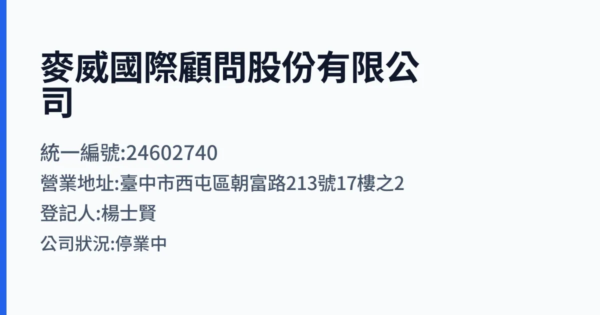 麥威國際顧問股份有限公司 - 統編 24602740(臺中市) 公司登記資料與營業項目詳細圖表