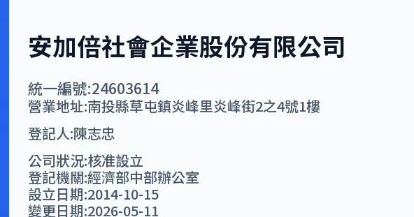 安加倍社會企業股份有限公司的照片-統編 24603614(南投縣) 公司登記資料與營業項目詳細圖表