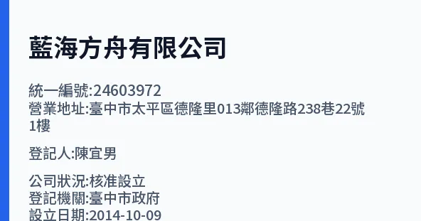 藍海方舟有限公司的照片-統編 24603972(臺中市) 公司登記資料與營業項目詳細圖表