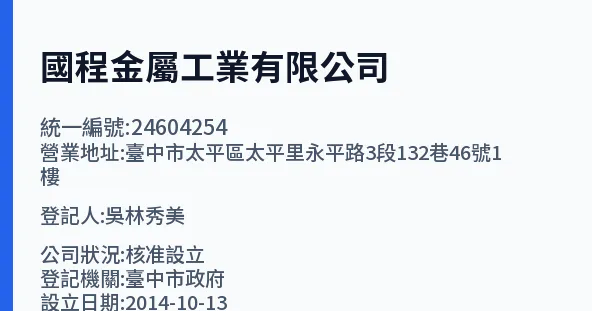 國程金屬工業有限公司的照片-統編 24604254(臺中市) 公司登記資料與營業項目詳細圖表