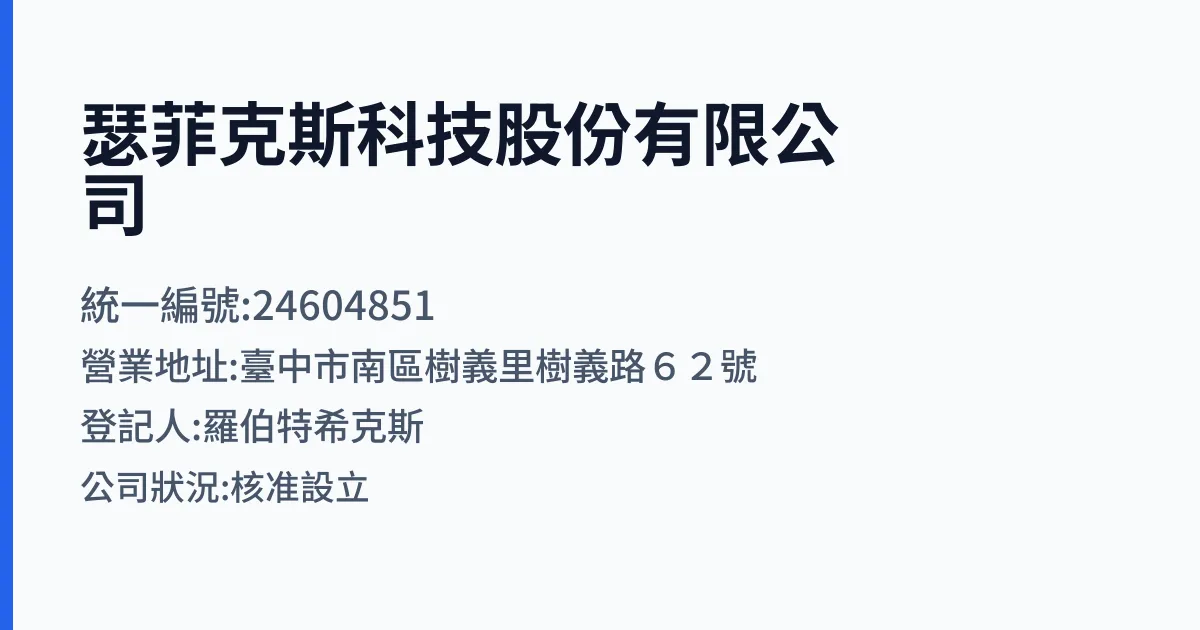 瑟菲克斯科技股份有限公司 - 統編 24604851(臺中市) 公司登記資料與營業項目詳細圖表