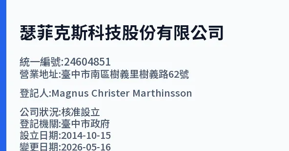 瑟菲克斯科技股份有限公司的照片-統編 24604851(臺中市) 公司登記資料與營業項目詳細圖表