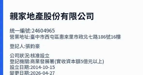 親家地產股份有限公司的照片-統編 24604965(臺中市) 公司登記資料與營業項目詳細圖表