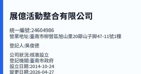 展億活動整合有限公司的照片-統編 24604986(臺南市) 公司登記資料與營業項目詳細圖表
