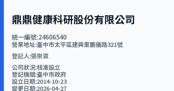 鼎鼎健康科研股份有限公司的照片-統編 24606540(臺中市) 公司登記資料與營業項目詳細圖表