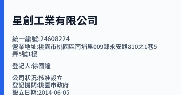 星創工業有限公司的照片-統編 24608224(桃園市) 公司登記資料與營業項目詳細圖表