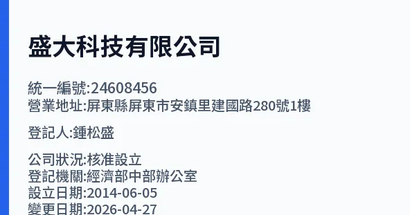盛大科技有限公司的照片-統編 24608456(屏東縣) 公司登記資料與營業項目詳細圖表