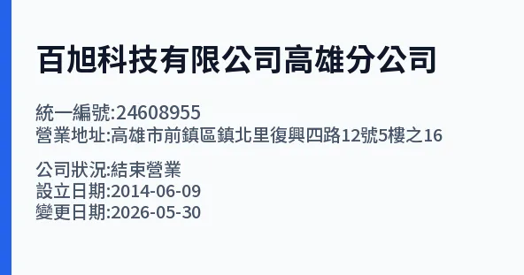 百旭科技有限公司高雄分公司的照片-統編 24608955(高雄市) 公司登記資料與營業項目詳細圖表
