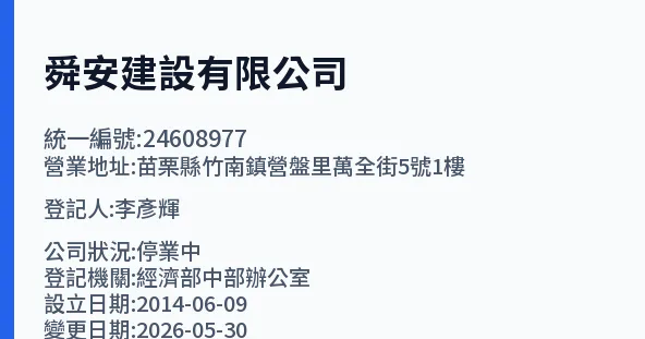 舜安建設有限公司的照片-統編 24608977(苗栗縣) 公司登記資料與營業項目詳細圖表