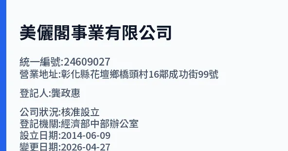 美儷閣事業有限公司的照片-統編 24609027(彰化縣) 公司登記資料與營業項目詳細圖表