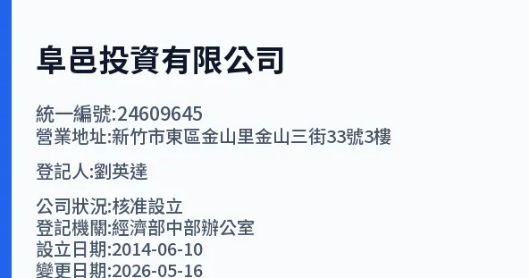 阜邑投資有限公司的照片-統編 24609645(新竹市) 公司登記資料與營業項目詳細圖表