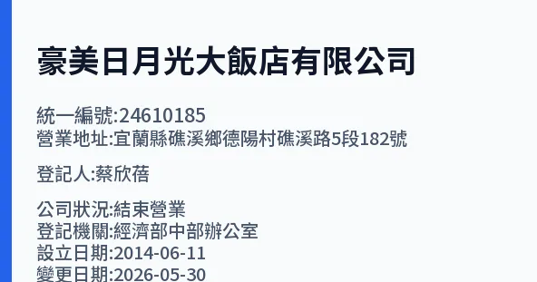 豪美日月光大飯店有限公司的照片-統編 24610185(宜蘭縣) 公司登記資料與營業項目詳細圖表
