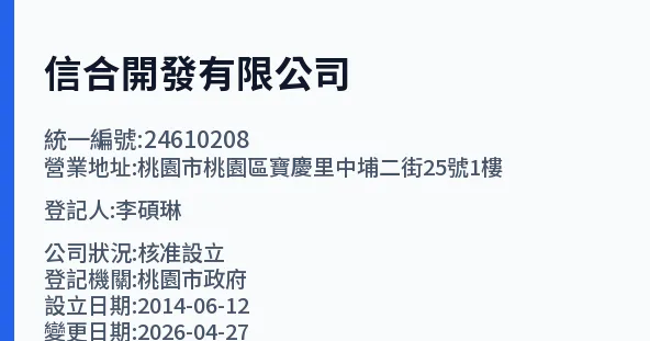 信合開發有限公司的照片-統編 24610208(桃園市) 公司登記資料與營業項目詳細圖表