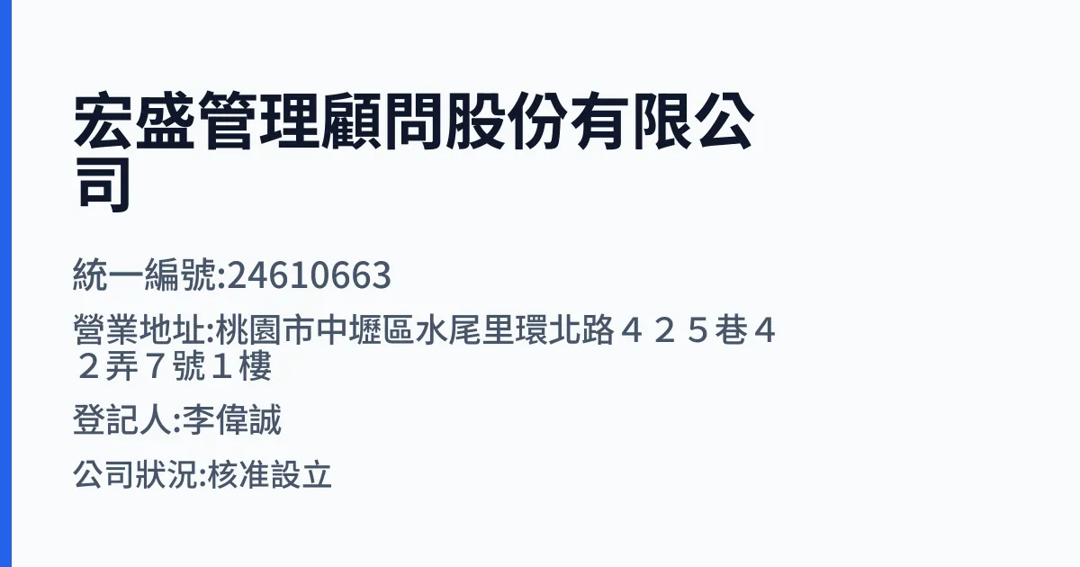宏盛管理顧問股份有限公司 - 統編 24610663(桃園市) 公司登記資料與營業項目詳細圖表