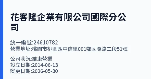 花客隆企業有限公司國際分公司的照片-統編 24610782(桃園市) 公司登記資料與營業項目詳細圖表