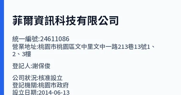 菲爾資訊科技有限公司的照片-統編 24611086(桃園市) 公司登記資料與營業項目詳細圖表