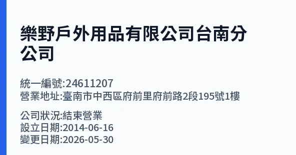 樂野戶外用品有限公司台南分公司的照片-統編 24611207(臺南市) 公司登記資料與營業項目詳細圖表