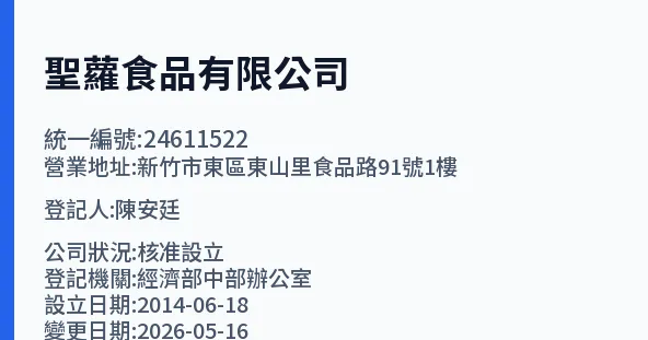 聖蘿食品有限公司的照片-統編 24611522(新竹市) 公司登記資料與營業項目詳細圖表