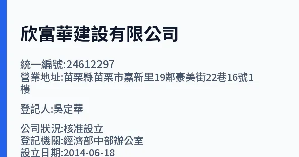 欣富華建設有限公司的照片-統編 24612297(苗栗縣) 公司登記資料與營業項目詳細圖表