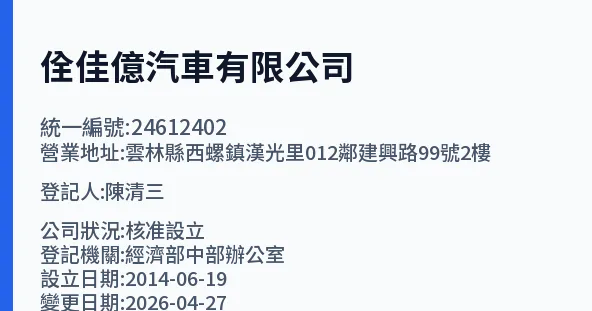 佺佳億汽車有限公司的照片-統編 24612402(雲林縣) 公司登記資料與營業項目詳細圖表
