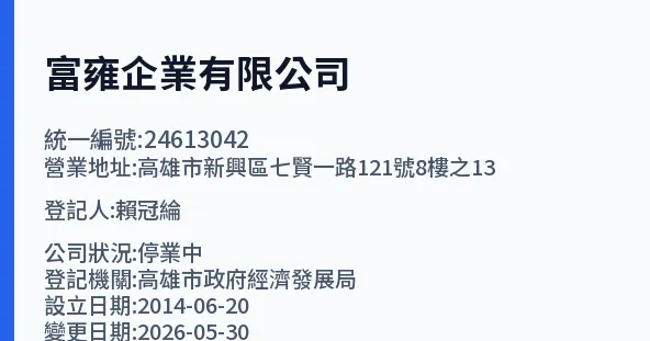 富雍企業有限公司的照片-統編 24613042(高雄市) 公司登記資料與營業項目詳細圖表