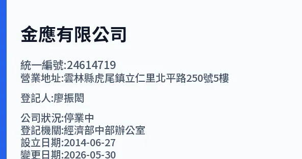 金應有限公司的照片-統編 24614719(雲林縣) 公司登記資料與營業項目詳細圖表