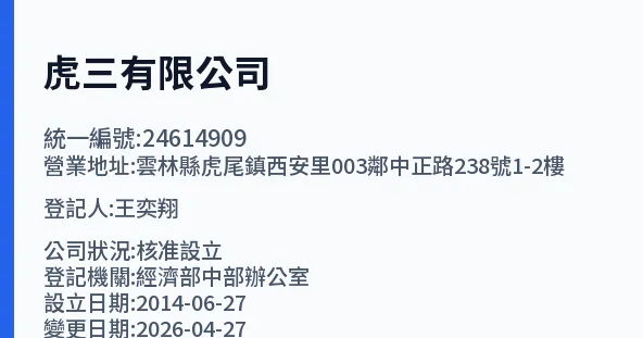 虎三有限公司的照片-統編 24614909(雲林縣) 公司登記資料與營業項目詳細圖表