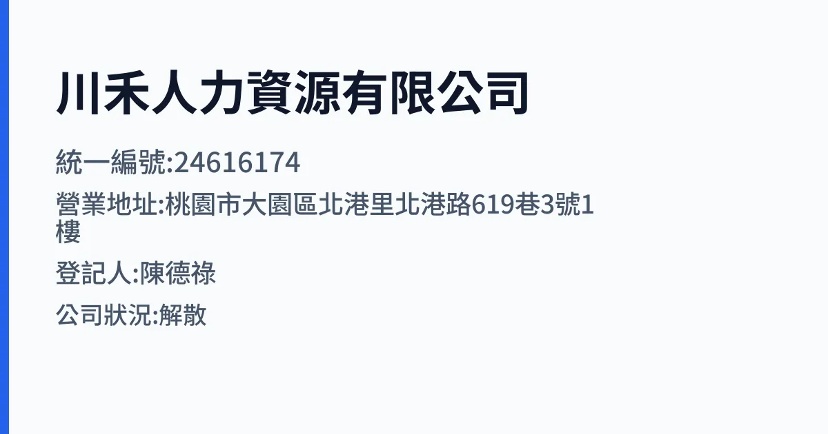 川禾人力資源有限公司 - 統編 24616174(桃園市) 公司登記資料與營業項目詳細圖表