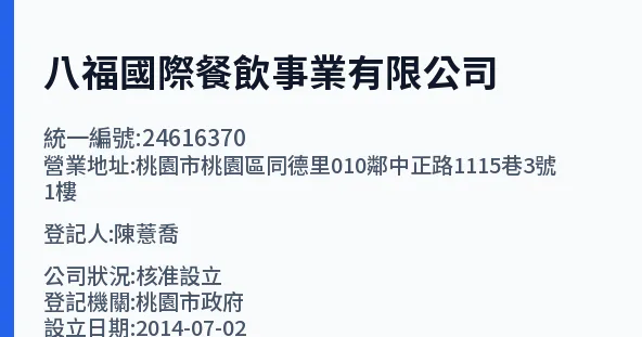 八福國際餐飲事業有限公司的照片-統編 24616370(桃園市) 公司登記資料與營業項目詳細圖表