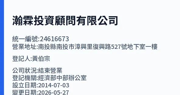 瀚霖投資顧問有限公司的照片-統編 24616673(南投縣) 公司登記資料與營業項目詳細圖表