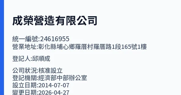 成榮營造有限公司的照片-統編 24616955(彰化縣) 公司登記資料與營業項目詳細圖表
