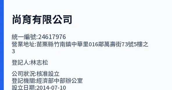 尚育有限公司的照片-統編 24617976(苗栗縣) 公司登記資料與營業項目詳細圖表