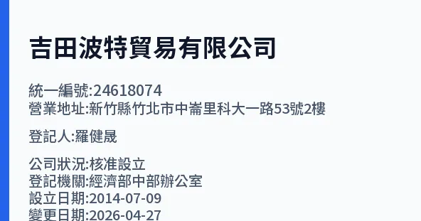 吉田波特貿易有限公司的照片-統編 24618074(新竹縣) 公司登記資料與營業項目詳細圖表